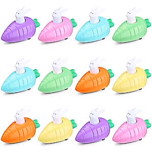 12 Pcs Easter Toys Pull Back Cars Toy Carrot Cars Driven by Rabbit Friction Powered Animal Cars Vehicles Plastic Go Back and Forth Car Toys for Easter Basket Filler Party Favors Gifts, 6 Colors