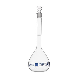 EISCO Volumetric Flask, 250ml - Class A, ASTM - Tolerance ±0.120 ml - Glass Stopper - Single, Blue Graduation