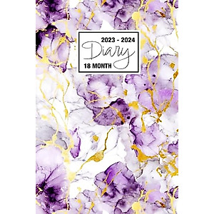 2023 - 2024: 18 Month Diary A5 Week to View on 2 Pages Weekly Journal Agenda WO2P Planner Jul 23 to Dec 24 Horizontal With Moon Phases, UK & US ... Grey Gold foil Marble Pattern Lilac Purple