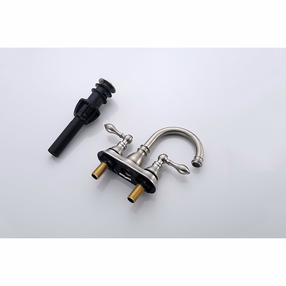 Derengge 2 Handle Brushed Nickel Bathroom Sink Faucet 3 Hole Faucet with Overflow Pop up Drain,360° Swivel Spout 4 Inch Centerset Bathroom Faucet without Supply Hoses,Meets cUPC NSF 61-9 AB1953,2 Pack