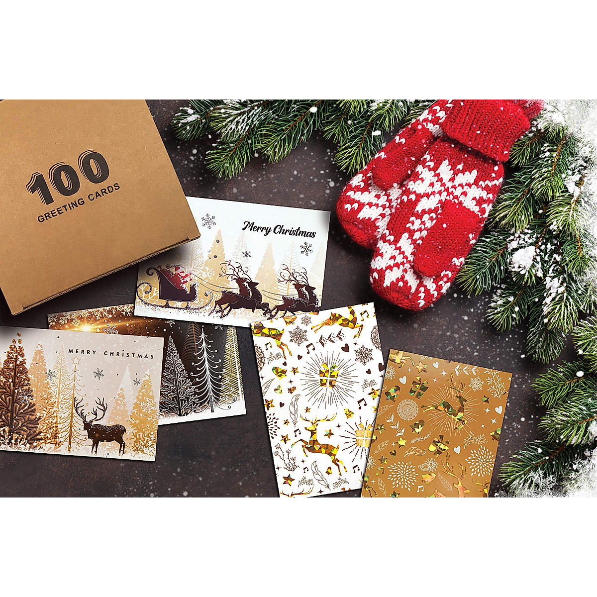 Christmas Holiday Greeting Cards with Gold and Metallic Foil, 100 Pack, 4 x 6 inch, 11 Assorted Designs with 3-D Prism Effect, Blank Inside,by Better Office Products,with Envelopes,100 Christmas Cards