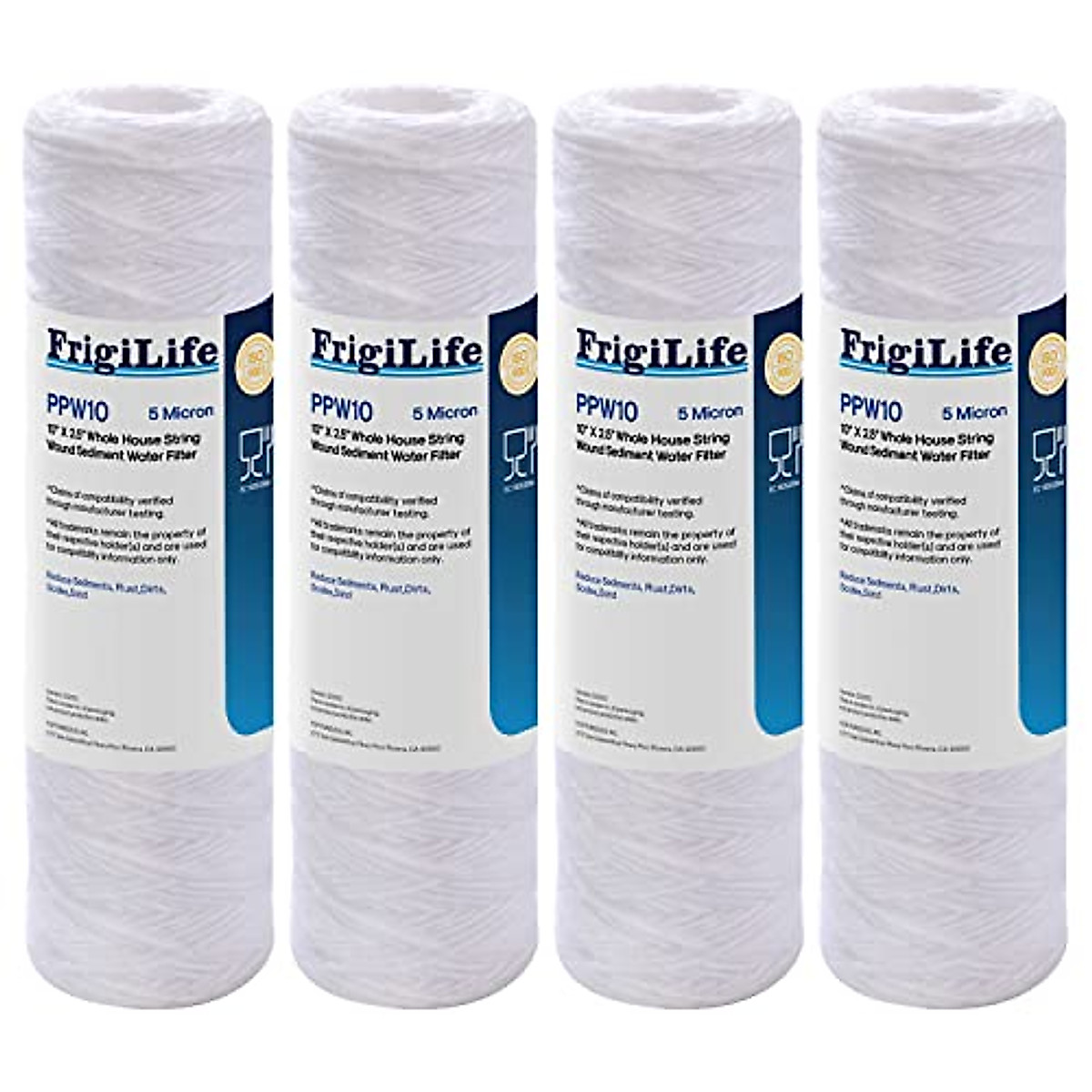 FrigiLife 5 Micron 10" x 2.5" String Wound Sediment Water Filter Cartridge for Well filter Universal Replacement with Any 10 inch RO Unit, WP-5, CFS110, Aqua-Pure AP110, WP-5, Culligan P5,(Pack of 4)