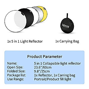 Selens Portable 5-in-1 24 Inch (60cm) Handle Round Reflector Collapsible Multi Disc with Carrying Case for Photography Photo Studio Lighting & Outdoor Lighting, Photography Multi-Disc Photo Reflector