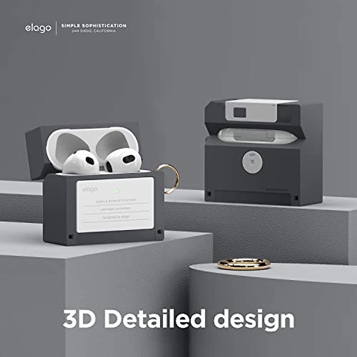 elago Floppy Disk Case Compatible with AirPods 3rd Generation Case - Compatible with AirPods 3 Case Cover, Carabiner Included, Shock Resistant, Full Protection, Supports Wireless Charging (Dark Grey)