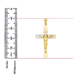 14K Tri Color Gold Diamond Cut Crucifix Jesus Cross Stamp Religious Pendant - Crucifix Charm Polish Finish - Handmade Spiritual Symbol - Gold Stamped Fine Jewelry - Great Gift for Men & Women for Occasions, 40 x 23 mm, 2.2 gms