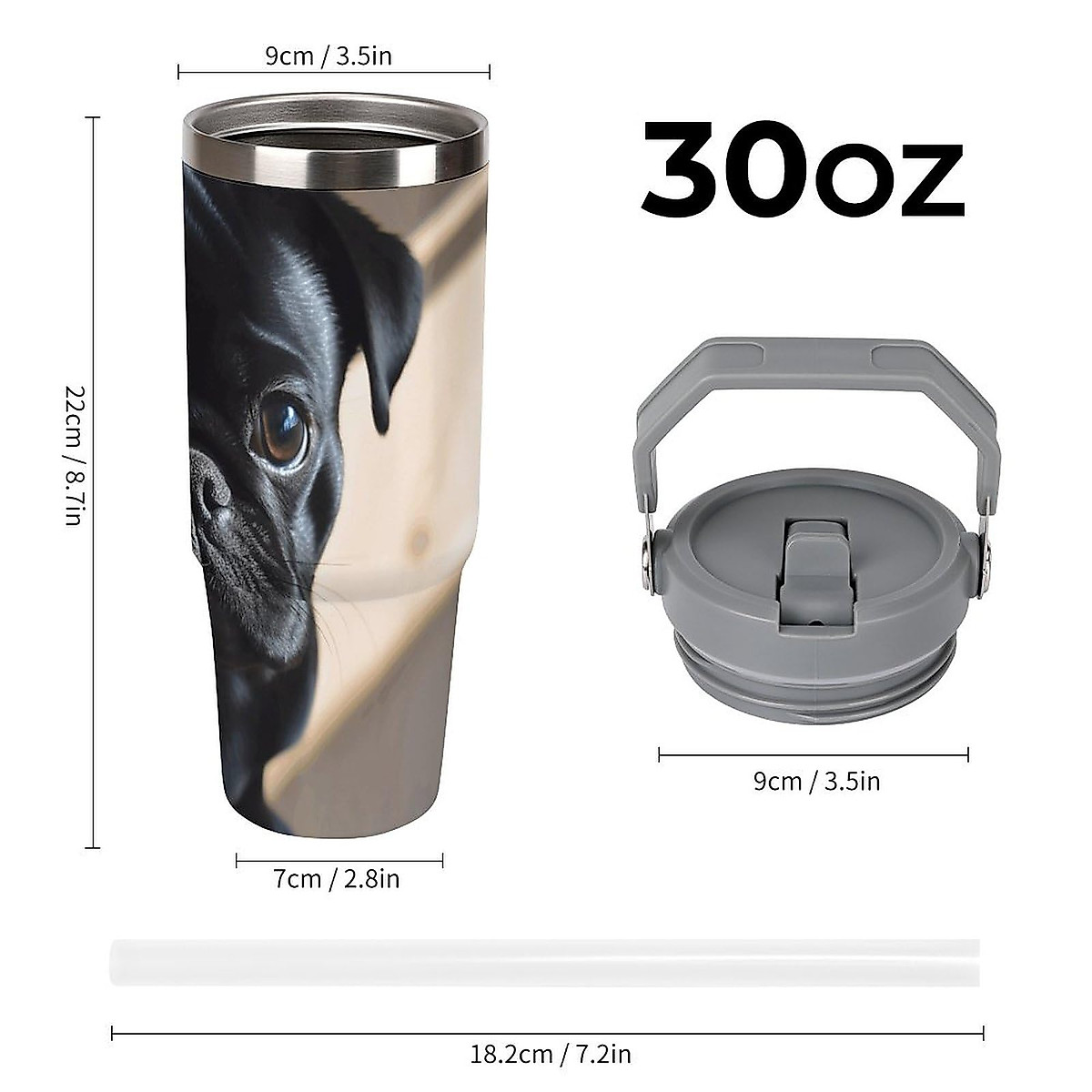 30 Oz Tumbler with Foldable Handle And Flip Straw,Black Pug Dog Puppy Vacuum Insulated Travel Coffee Tumblers,Stainless Steel Leak-Proof Water Bottle,Fits in Cup Holder,Keep Cold 24H & Hot 12H