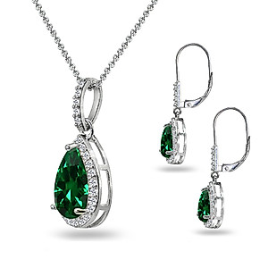 B. BRILLIANT Sterling Silver Simulated Emerald & White Topaz Teardrop Dangling Necklace & Leverback Drop Dangle Earrings Jewelry Set for Women with Gift Box