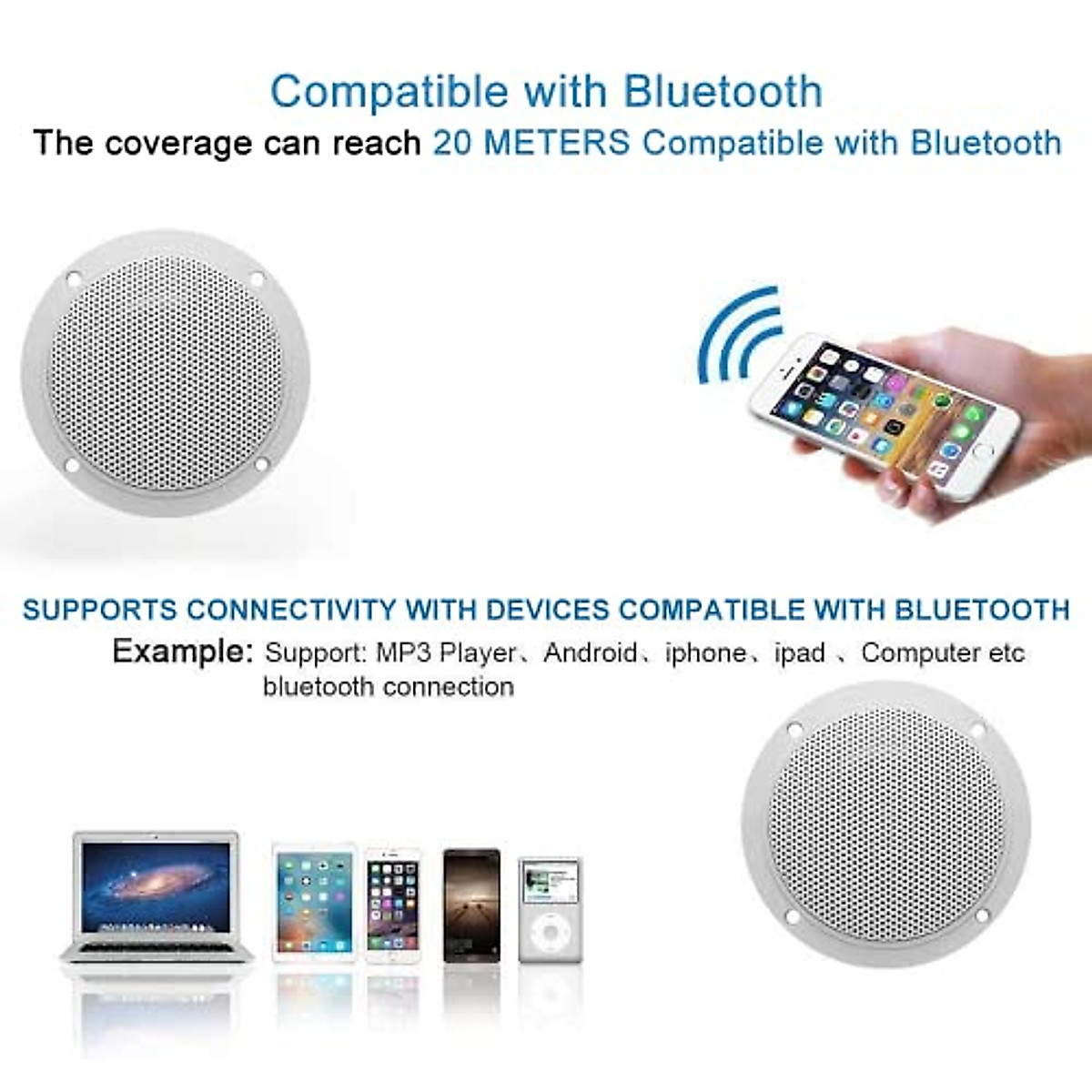Herdio 4 Inches Waterproof Marine Bluetooth Ceiling Speakers for Bathroom Kitchen Home Outdoor Camper Golf Cart Boat with Flush Mount