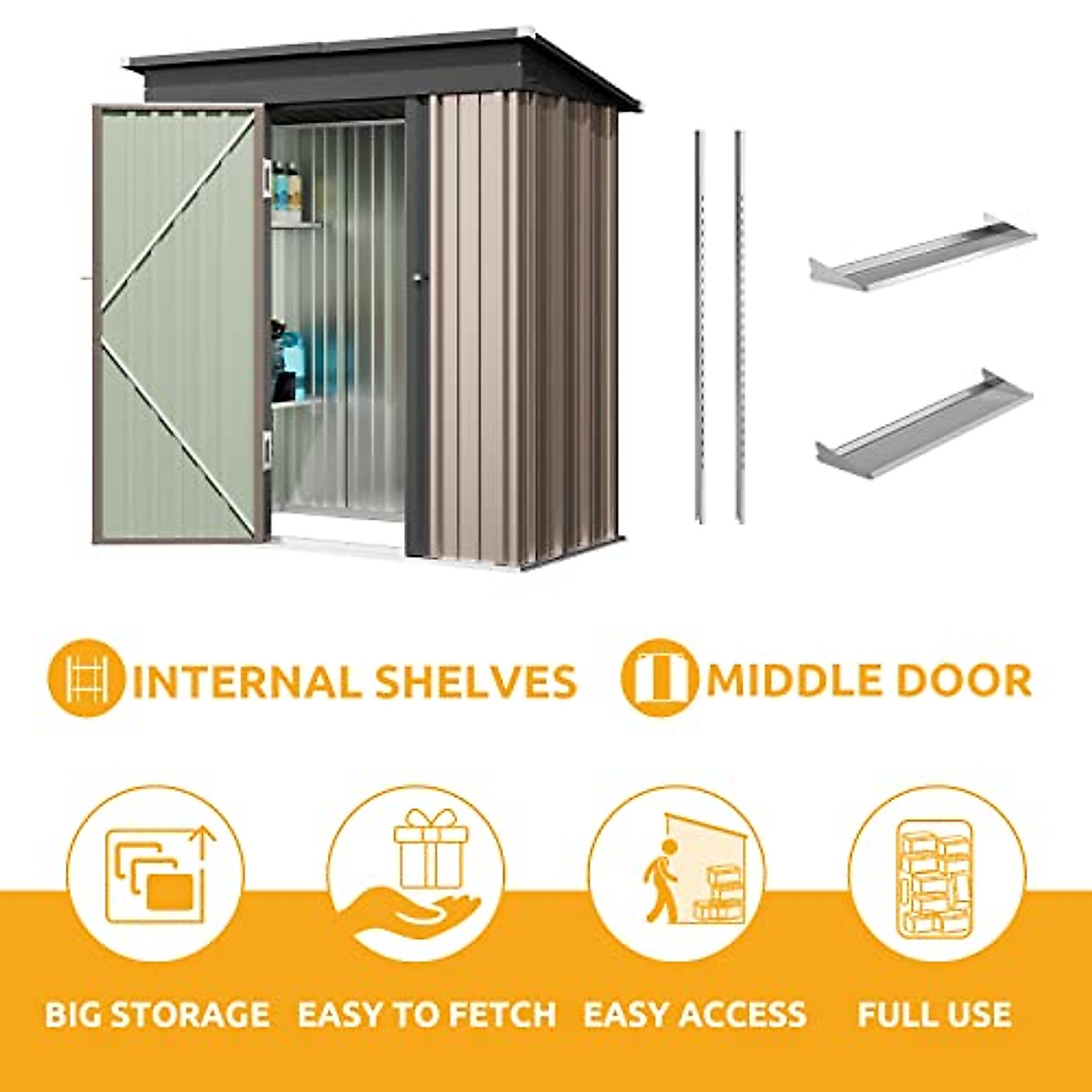 UDPATIO Outdoor Storage Shed with 2 Shelves 5x3 FT, Metal Outside Sheds & Outdoor Storage Galvanized Steel for Backyard, Patio, Lawn, Garden Shed with Lockable Door for Bike and Tools, Brown