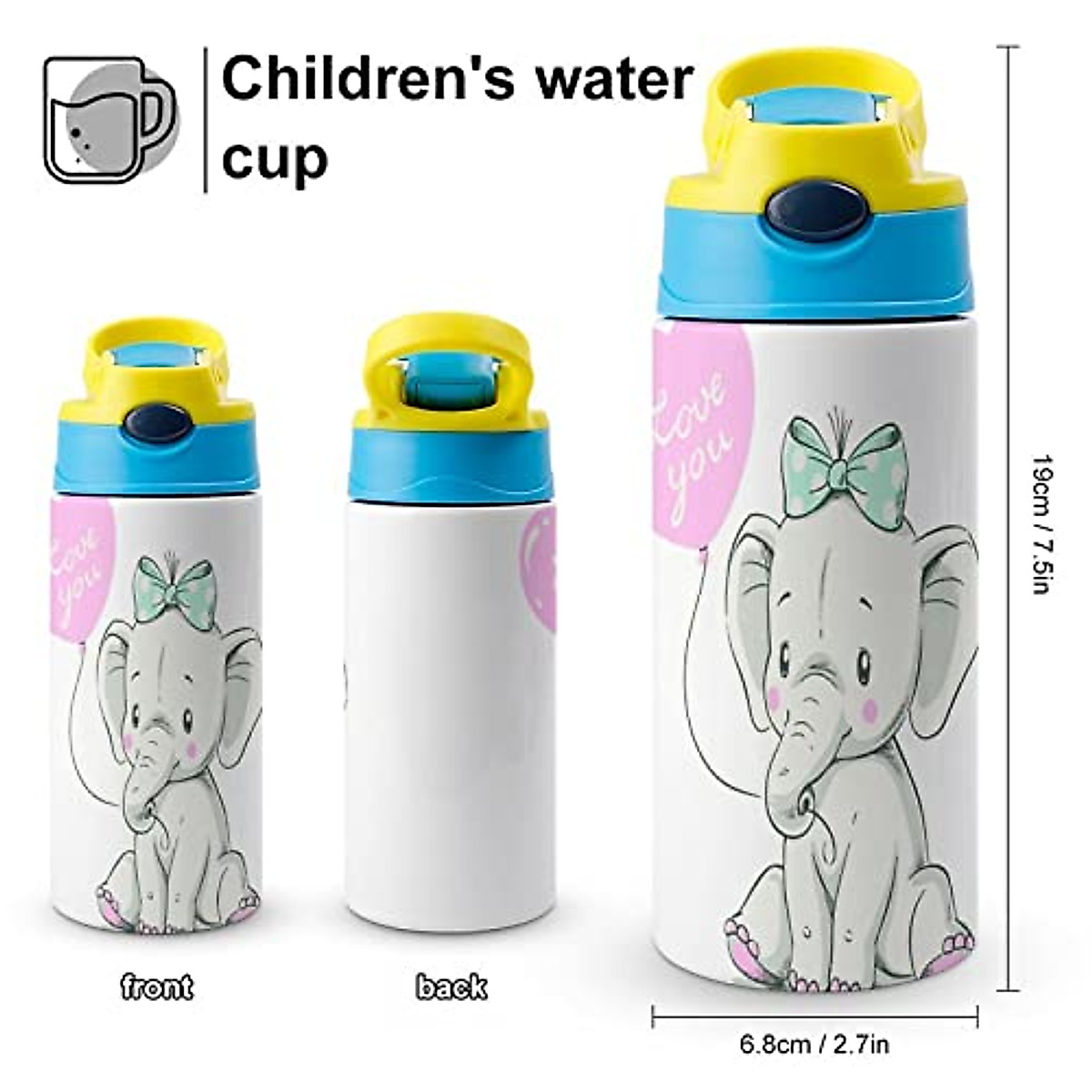 Water Bottle With Straw Cute Elephant Insulated Stainless Steel Vacuum Cup 500Ml For School 7.5x2.7 in