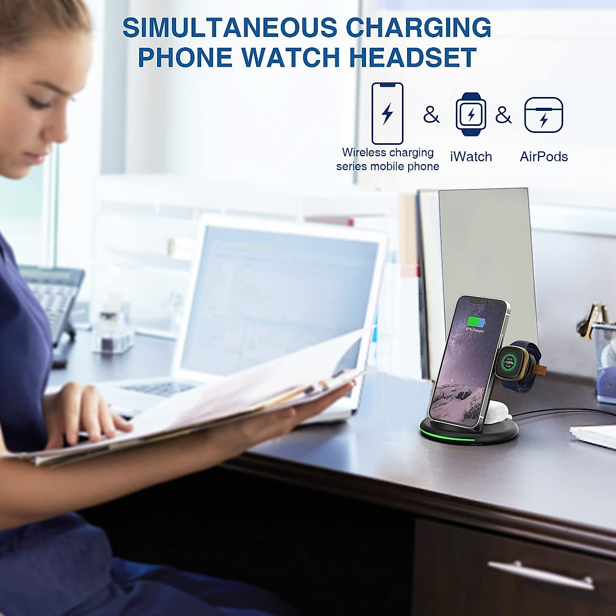 KOJACMUR 3 in 1 Charger for Fitbit Sense/Sense 2/Fitbit Versa 3/Versa 4,Wireless Charging Station Compatible for iPhone 13/14 Pro Max/12/11/8, for Samsung Galaxy S22+ S22, for AirPods Pro/3（Black）