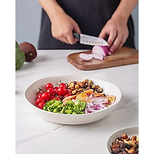 AmorArc 9.75 inch Stoneware Flat Pasta Bowls, 38oz Large Wide Bowls Set of 4 for Kitchen, Microwave Safe Bowls with Wavy Rim for Pasta Salad, Matte White