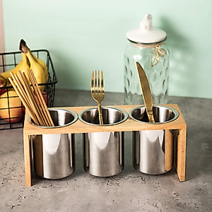 IMEEA Silverware Caddy Flatware Holder Stainless Steel Utensil Caddy Organizer with Wood Base for Countertop Parties Kitchen