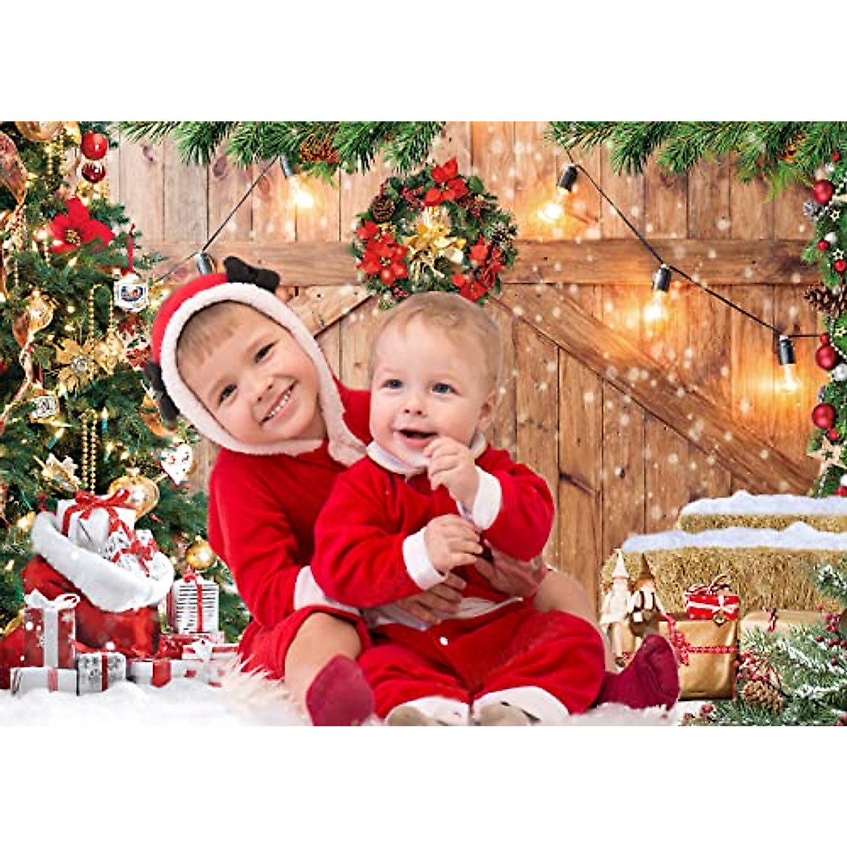 CYLYH 7x5FT Christmas Barn Wood Door Photography Backdrop Xmas Tree Snow Gift Wall Floor Party Photo Background for Holiday New Year Party Banner Family Holiday Party Supplies D554