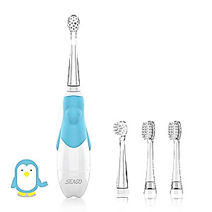 Baby Electric Toothbrush,Sonic Technology Battery Powered Toddler Tooth Brush with Smart LED Timer,Waterproof Auto Deep Clean for Infants Ages 0-3 Years with 4 Soft Brush Heads (Blue)