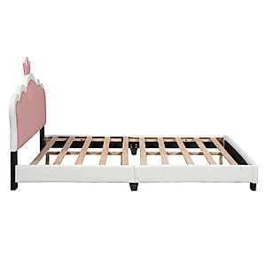 Merax Kid Full Upholstered Day Bed Frame with Crown Headboard, Wood Princess Low Platform Bed for Boys Girls,Easy Assemble White+Pink