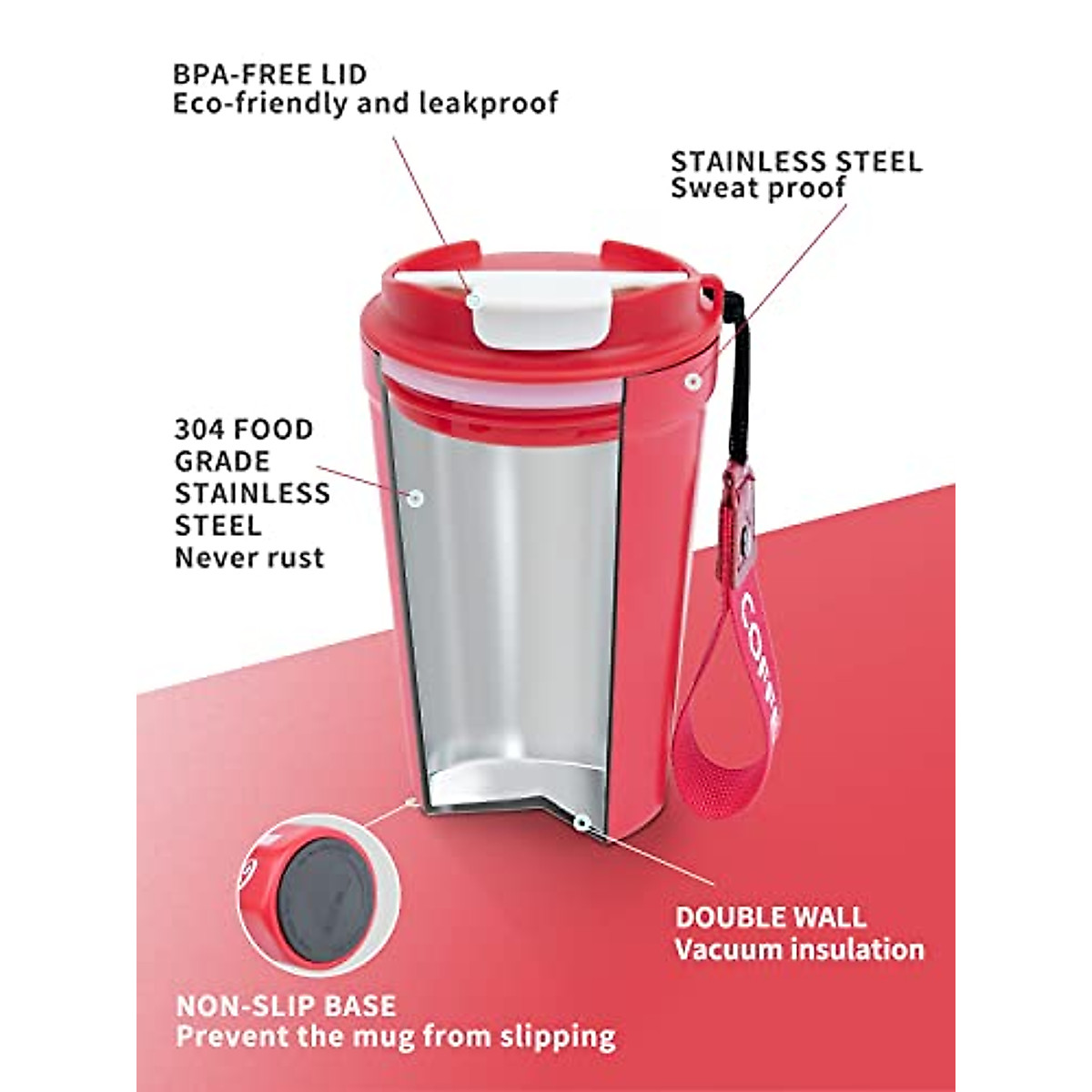 Gr8ware 13oz Travel Coffee Mug with Lid, Leak Proof Coffee Travel Mug for Hot/Iced Drinks, Double Wall, Vacuum Insulation - Red