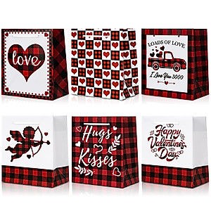 Whaline 12Pcs Valentine's Day Paper Gift Bags with Handle Red Black Buffalo Plaids Candy Goodie Bag Love Heart Truck Cupid Pattern Treat Bags Party Favor Bag for Wedding Engagement Wrapping Supplies