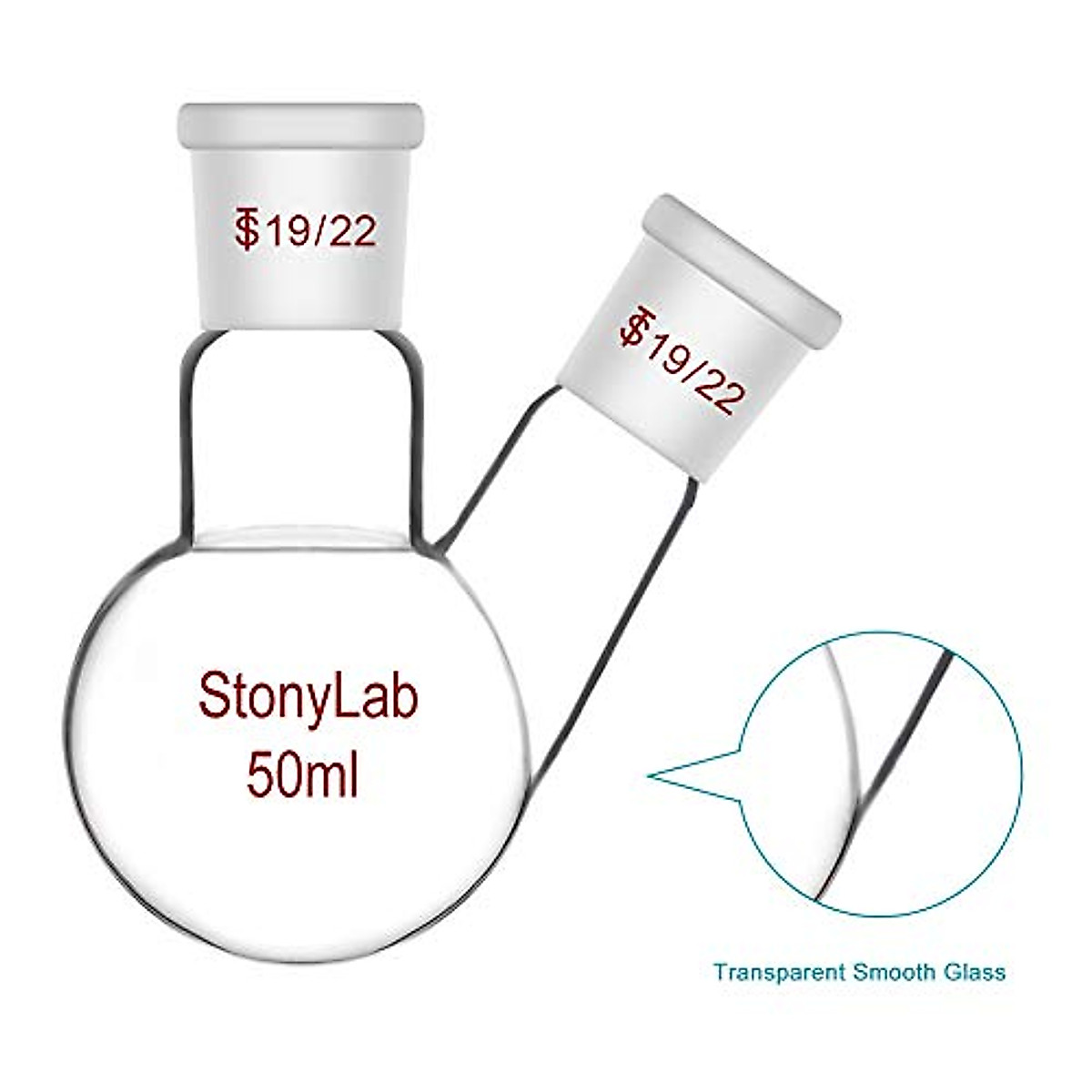StonyLab Glass 50ml Heavy Wall 2 Neck Round Bottom Flask RBF, with 19/22 Center and Side Standard Taper Outer Joint - 50mL