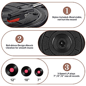 Record Player Bluetooth Turntable for Vinyl with Speakers & USB Player,Vinyl to USB,3 Speed Belt Driven LP Vintage Phonograph for Home Decoration
