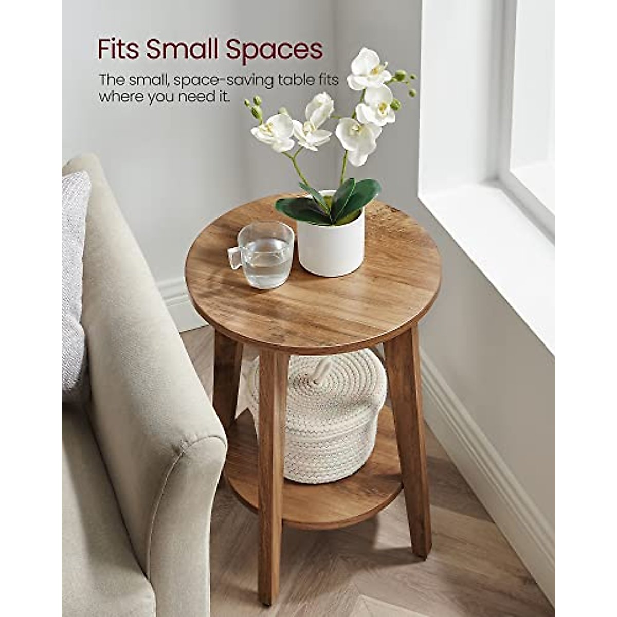 VASAGLE Round End Table with Lower Shelf, Nightstand for Small Spaces, 15.8 x15.8 x 19.7 Inches, Rustic Walnut