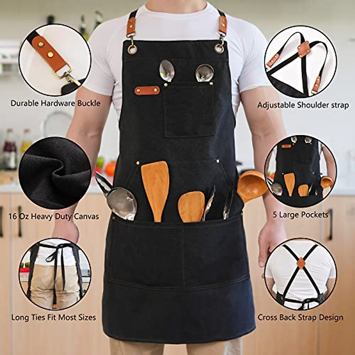 Aoomzoon Canvas Aprons for Men Chef Apron, Work Apron with Large Pockets - Durable 16oz Heavy Duty Cross Back, BBQ, Cooking (Black②, 1 Pack)