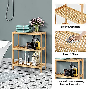 HLXZN 3 Tier Bamboo Shelf Storage Organizer Rack Toilet Utility Shelves Standing Shelf Units for Bathroom, Living Room, Kitchen