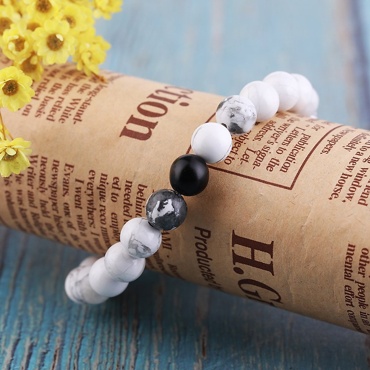 2 Pcs Couple Distance Relationship Bracelets Black Matte Agate & White Howlite Energy Beads Stone Ying Yang Balance Bracelet Banglet for Lovers Touch Bracelets Long Distance Relationship¡­