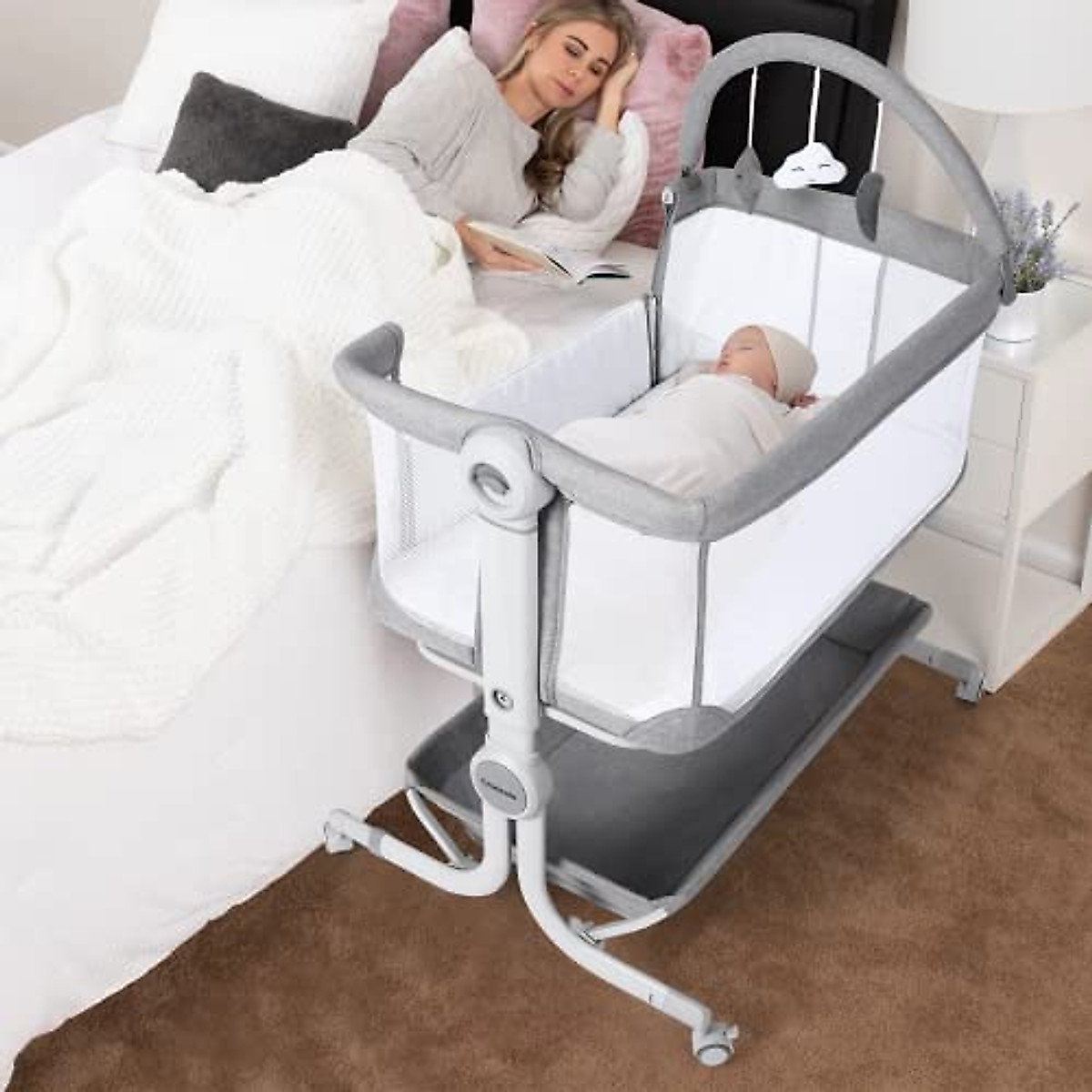 Cowiewie Baby Bassinet 2-1 Beside Sleeper with Wheels & Hanging Toys for Baby Foldable - Handbag can be Stored or Carried Out