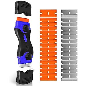 Razor Blade Scraper, 2-in-1 Scraper Tool with 10Pcs Plastic Blades and 10Pcs Metal Blades, Multi-Purpose Cleaning Razor Scraper for Decals, Stickers, Labels, Caulk, Adhesive, Paint Removal