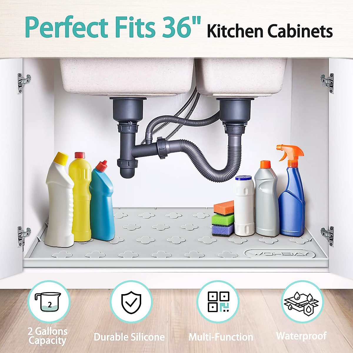 Under Sink Mats for Kitchen Waterproof,34" X 22" Silicone Under Sink Mat for Bottom of Kitchen Sink,Under Sink Drip Tray Liner for Kitchen Bathroom Cabinets Hold Up to 3.3 Callons Liquid - Light Grey
