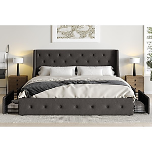 SHA CERLIN King Size Platform Bed Frame with 4 Storage Drawers and Wingback Headboard, Diamond Stitched Button Tufted Design, No Box Spring Needed, Dark Grey