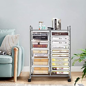 RIVALLYCOOL 15-Drawers Rolling Storage Cart, Mobile Book Paper Organizer Utility Trolley with Wheels, Ideal for School, Office, Home (Clear)