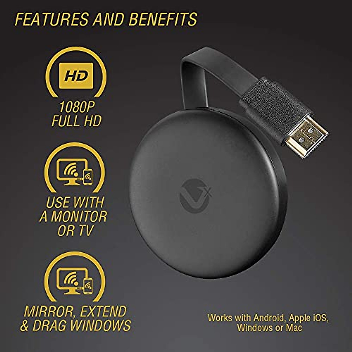 Volkano HDMI Wireless Display Adaptor Dongle 1080P HD, Receiver Supports MiraCast Airplay DLNA Transmission , Screen Drag & Drop Cast Mirroring Laptop Phone to Smart Phone TV Monitor - AllCast Series