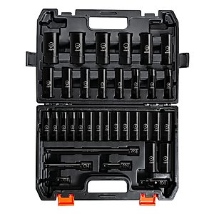 BOEN 35-Piece 1/2" Drive Deep Impact Socket Set - SAE 3/8"-1-1/4" & Metric 8-24mm, Extensions, Joint & Adapter, Cr-V Steel, Double Lock Case