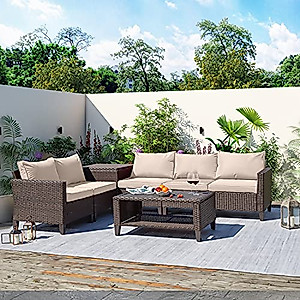 EROMMY 7 Pieces Patio Furniture Set, Outdoor Sectional PE Rattan Sofa with Table, Cushions and Pillows, Patio Sofa for Garden, Lawn, Balcony