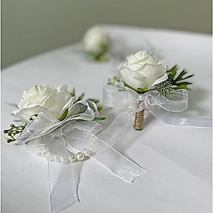 Corsage and Boutonniere Set,2PCS Artificial Rose Wrist Corsage Wristlet,for Wedding Bridal Bridesmaid Wrist Corsage Corsage Ball Decoration (White)