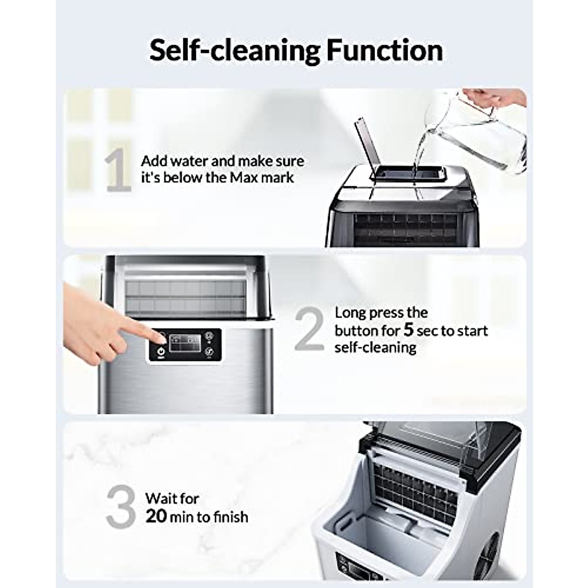 Silonn Countertop Ice Cube Ice Makers, 45lbs Per Day, Auto Self-Cleaning, 24 Pcs Ice Cubes in 13 Min, 2 Ways to Add Water, Compact Ice Machine for Home Office Bar Party,SLIM01B-1