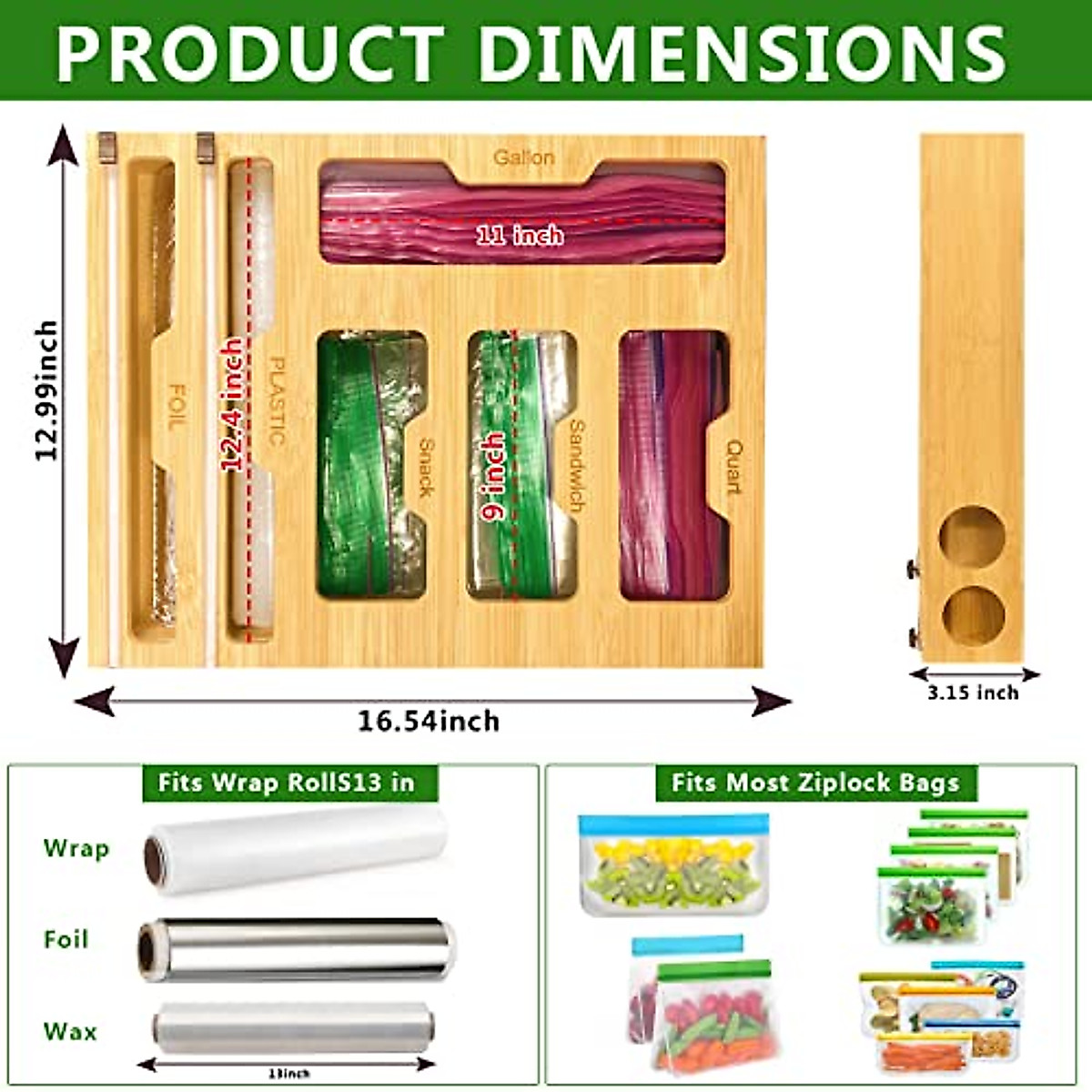 Ziplock Bag Storage Organizer for Kitchen,Aluminum Foil Plastic Wrap Dispenser with Cutter,Real Bamboo 6-in-1 Sandwich Bags Organizer and Lunch Baggie Dispenser,for Drawer,Wall,Pantry etc