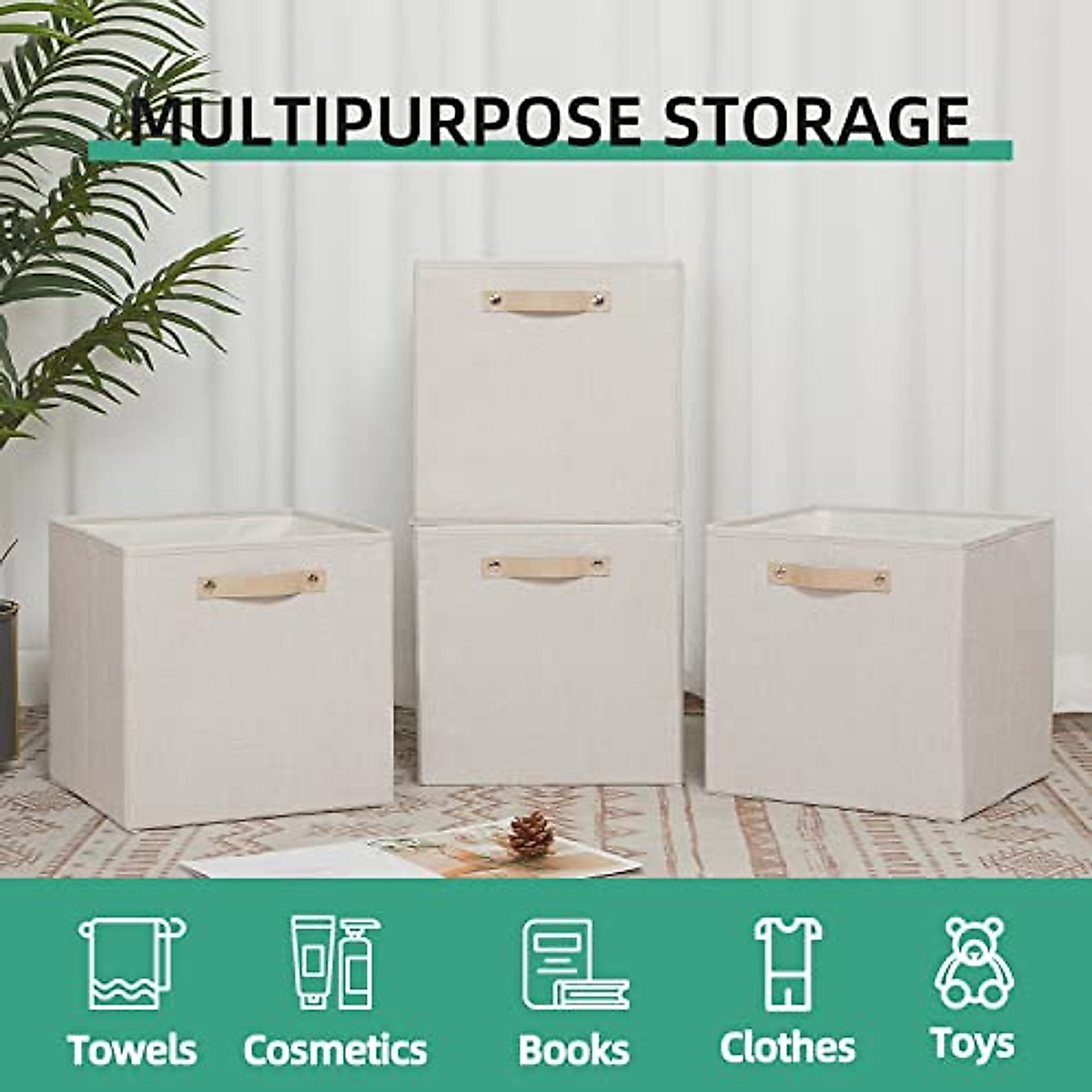 Bidtakay Large Bins Square Fabric Storage Bins 13 inch Storage Cubes Shelf Baskets Collapsible Toy Storage Box Clothes Cubby Storage Bins for Closet Organizer Office Storage Home Organization (Beige)