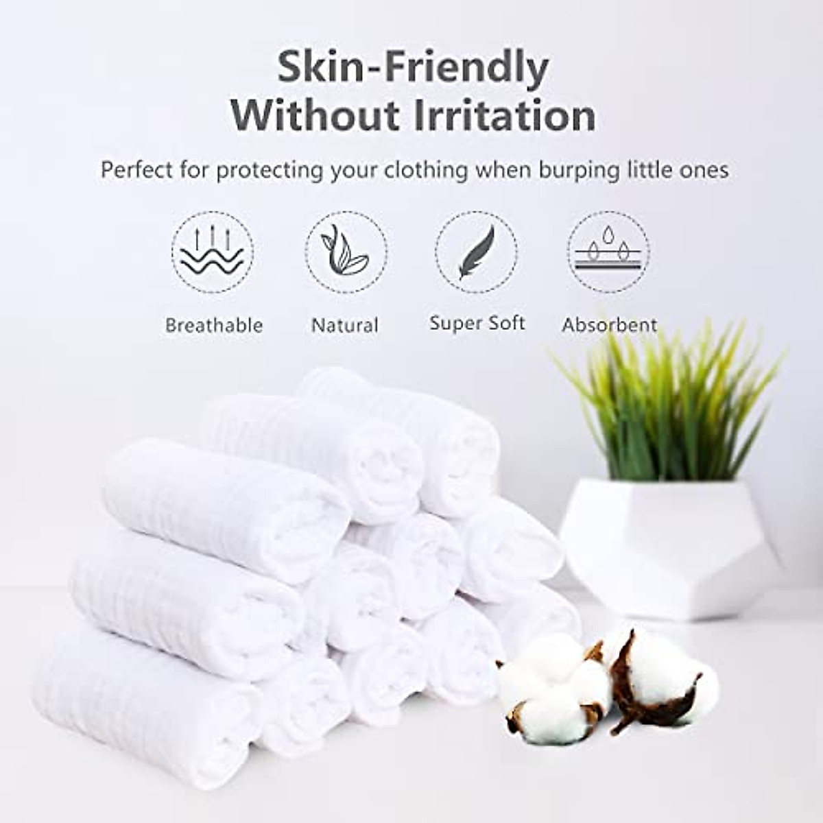 SWEET DOLPHIN 12 Pack Muslin Burp Cloths Large 100% Cotton Hand Washcloths for Baby - Baby Essentials Extra Absorbent and Soft Boys & Girls Milk Spit Up Rags for Newborn Registry - White, 20" X10"