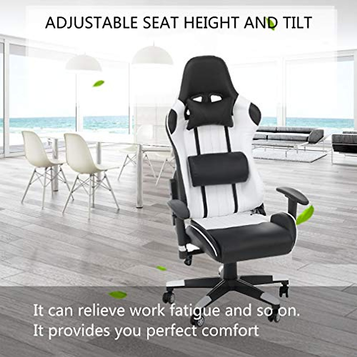 Devoko Gaming Chair Racing Style High Back Computer Chair with Adjustable Armrests Ergonomic Office Chair Executive Swivel Task Chair with Headrest and Lumbar Support (White)