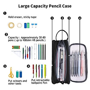 VIC VSEE Mesh Pencil Case Pencil Bag, Clear Pencil Pouch Multi-Purpose, Cute Pencil Case Large Capacity Makeup Bag Travel Office School College Gift for Adults Teen Girl Boy, Black