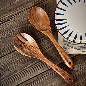 2Pcs / Set Wooden Mixing Spoon Fork with Hanging Holes, Ergonomic Design, Ideal for School Office Festival Use