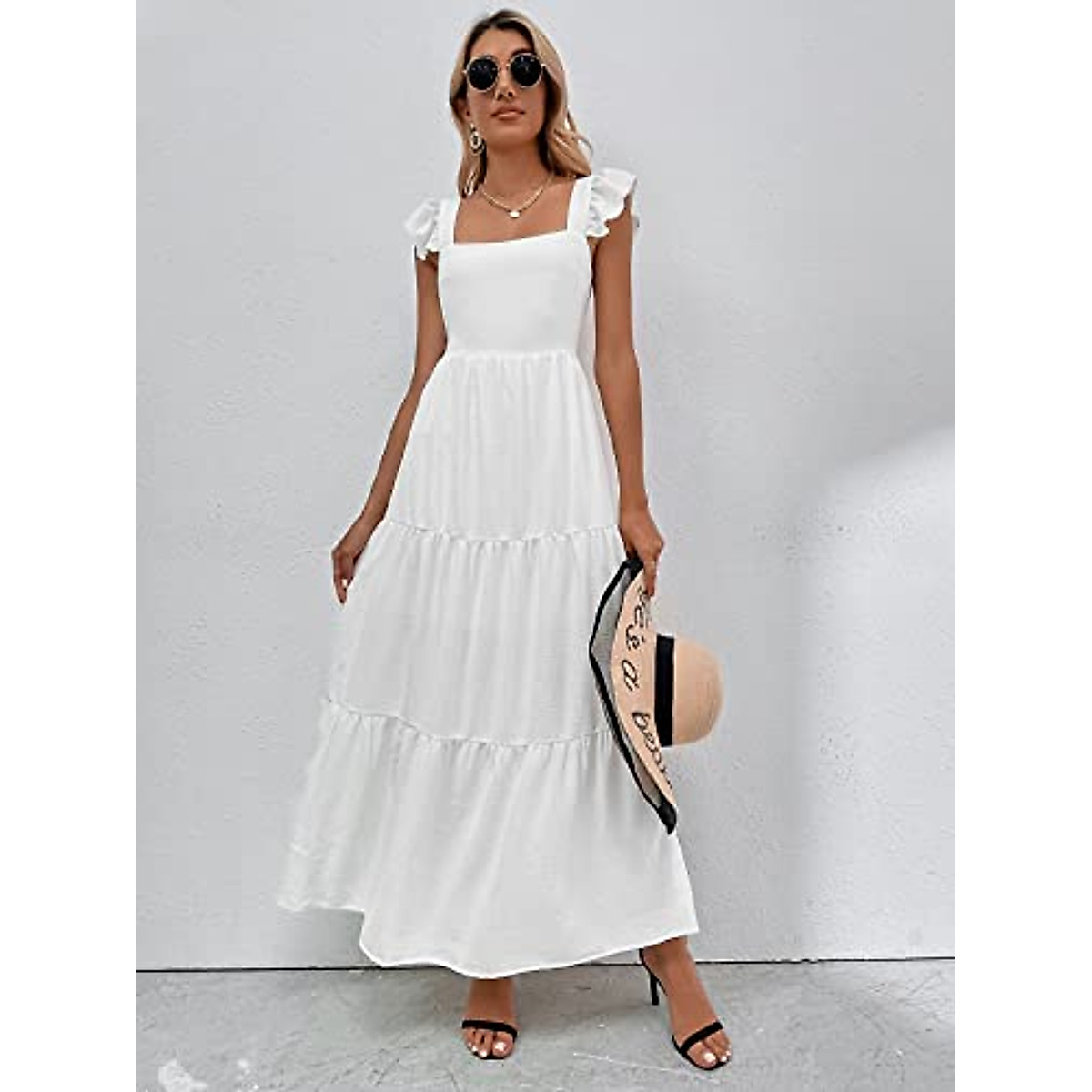 SOLY HUX Women's Summer Square Neck Sleeveless Shirred Ruffle Hem A Line Flowy Long Maxi Dress White L