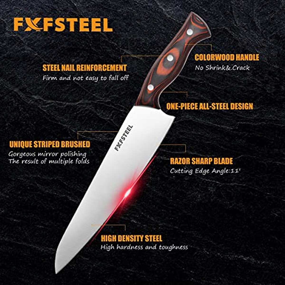 FXFSTEEL Chef Knife, 9 inch Kitchen Knife Stainless Steel with Red Solid Wood Handle Professional Sharp Cleaver Knife for Cutting Vegetable Meat Cooking Knife Accessories