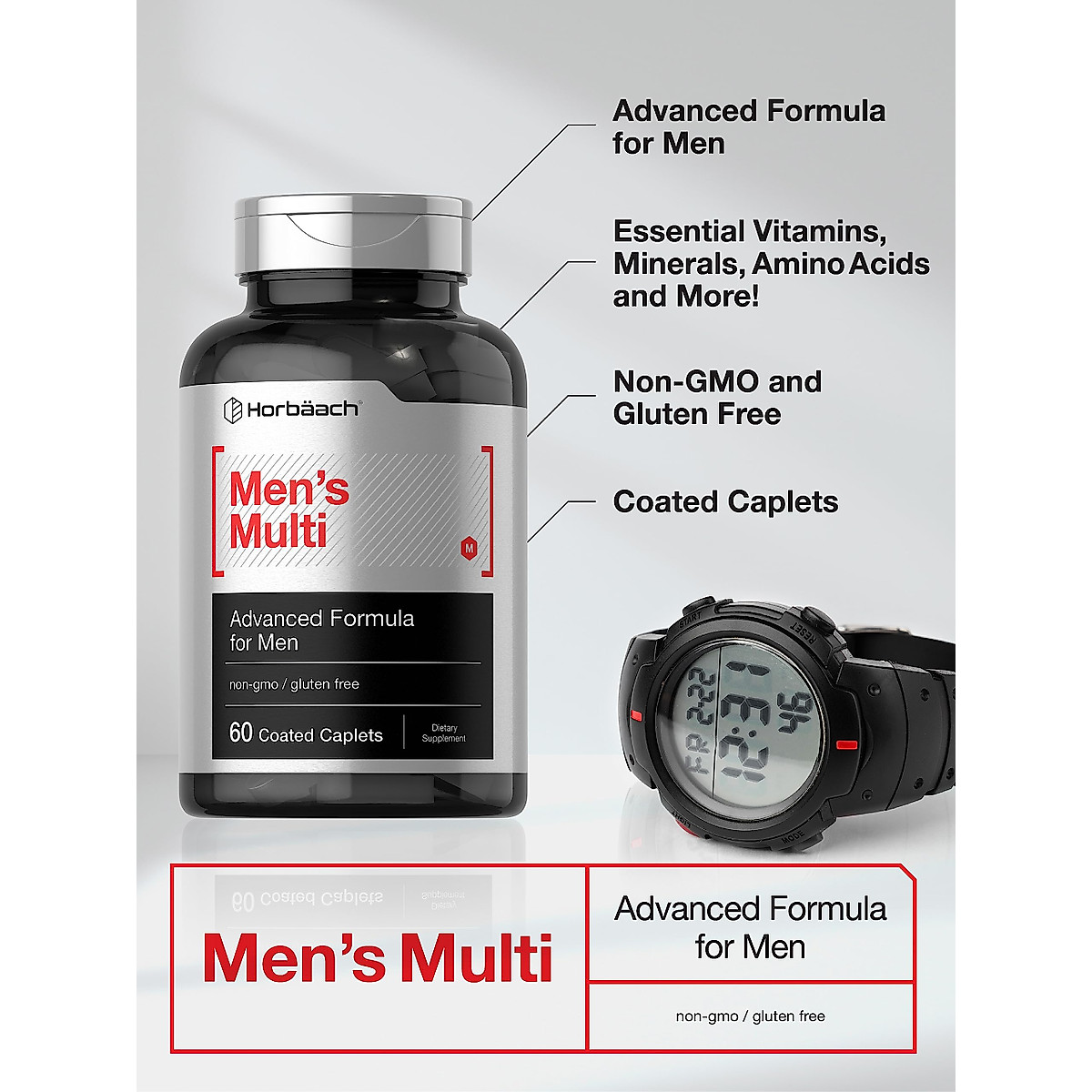 Horbäach Multivitamin for Men | 60 Caplets | Non-GMO & Gluten Free Vitamins & Minerals Daily Supplement