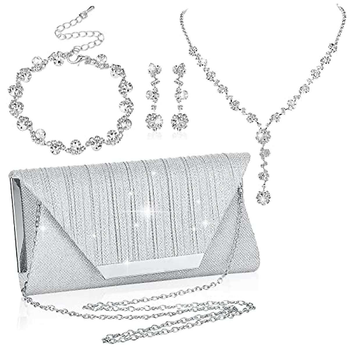 4 Pcs Bling Clutch Purse Rhinestone Jewelry Set for Women Evening Bag Crystal Earrings Bridal Necklace Bracelet Accessories for Wedding Ladies Prom Party (Silver)