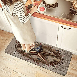 Country Primitive Barn Star Patriotic Barn Star on Country Wooden Board Americana Anti Fatigue Kitchen Mat Comfort Floor Mats Non-Slip Oil Stain Resistant Easy to Clean Kitchen Rug