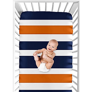 Sweet Jojo Designs Fitted Crib Sheet for Modern Navy Blue and Orange Stripe Baby/Toddler Bedding - Stripe Print